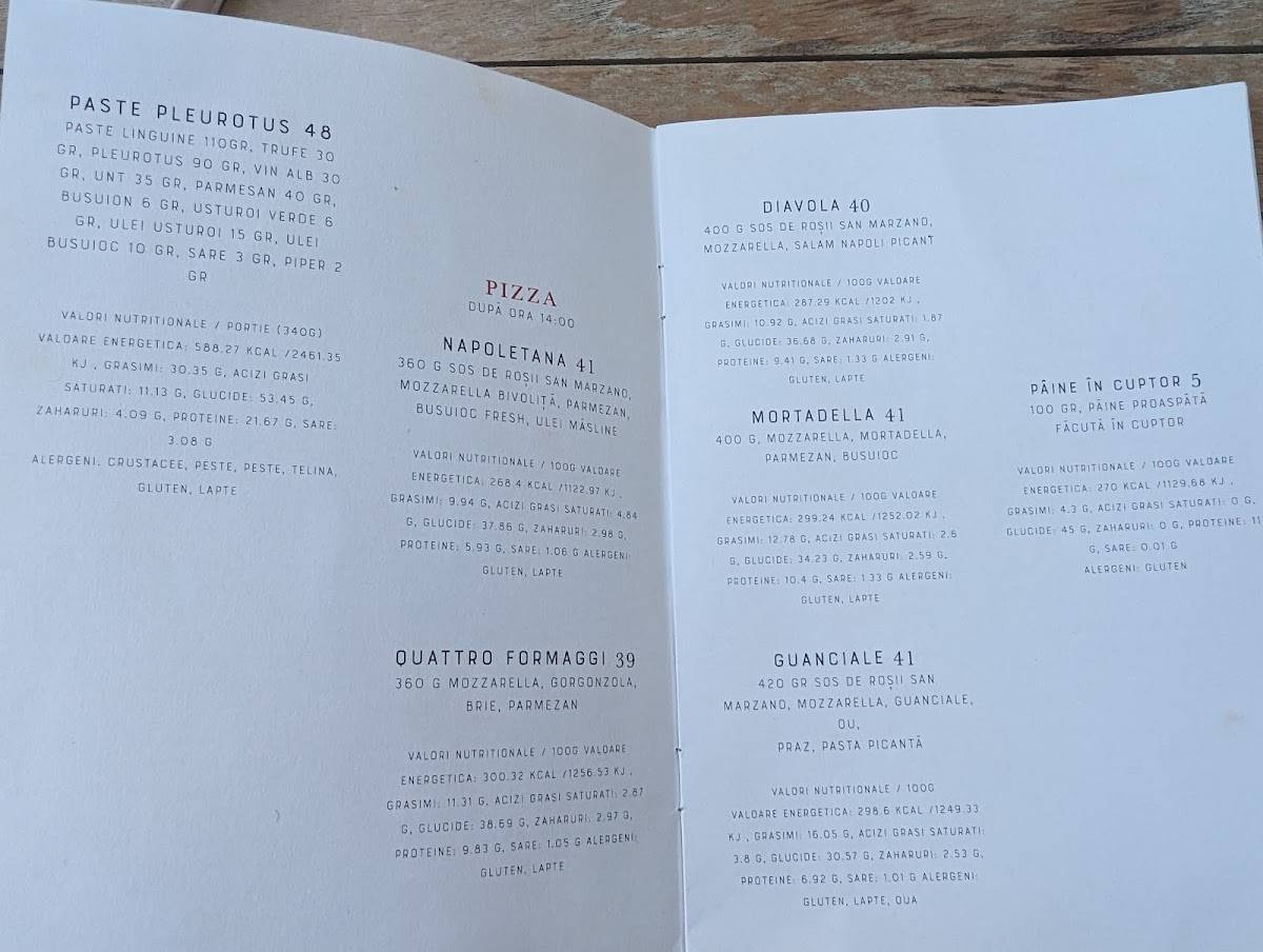 Menu at Sera Eden, Bucharest