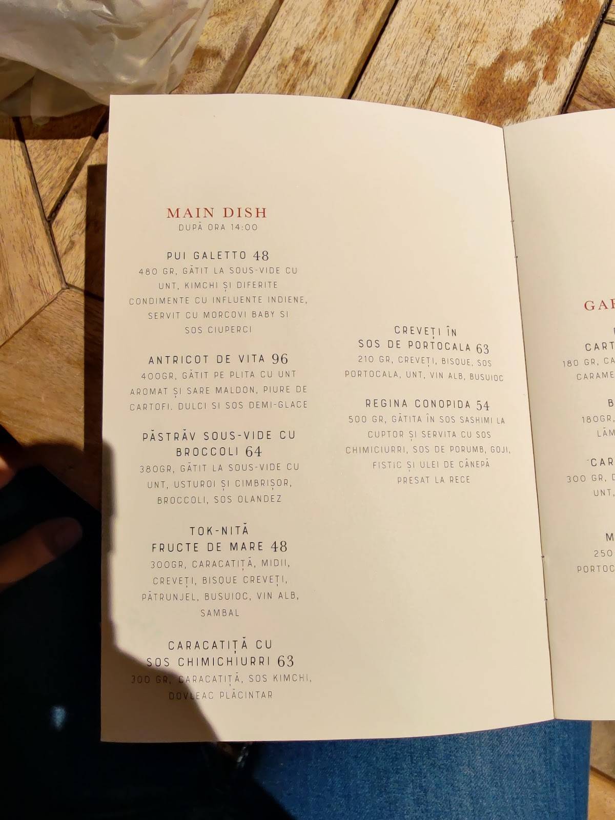 Menu at Sera Eden, Bucharest
