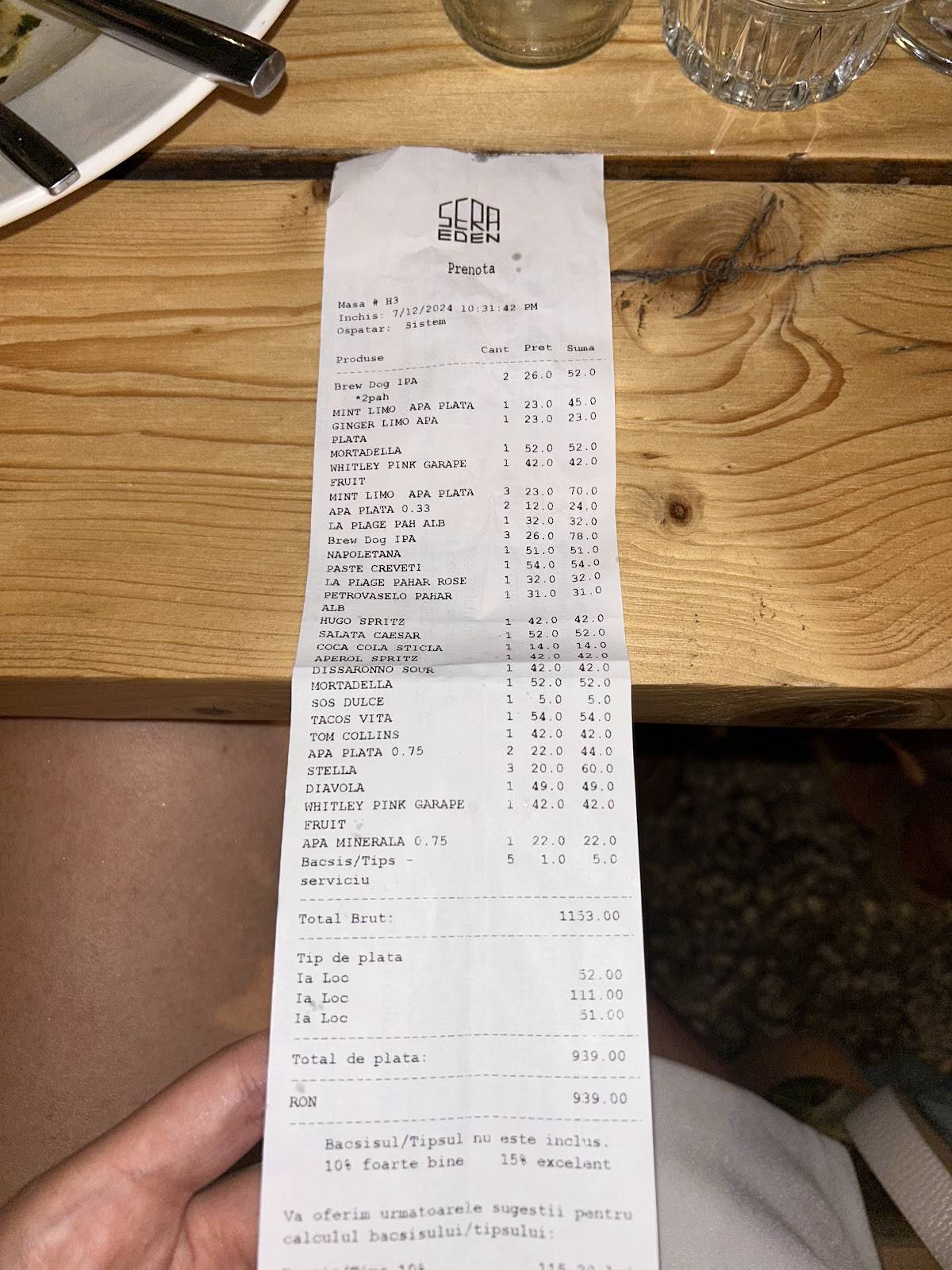 Menu at Sera Eden, Bucharest