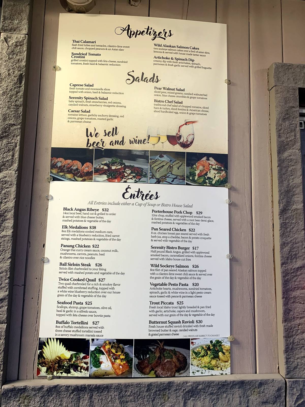 Menu at Serenity Bistro restaurant, West Yellowstone