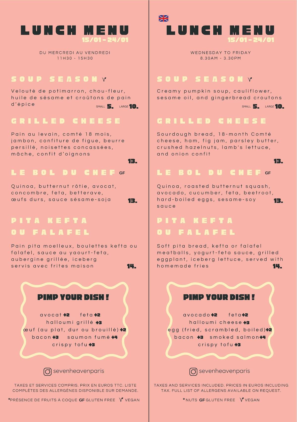 Menu at Seven Heaven • Coffee Lunch Brunch restaurant, Paris
