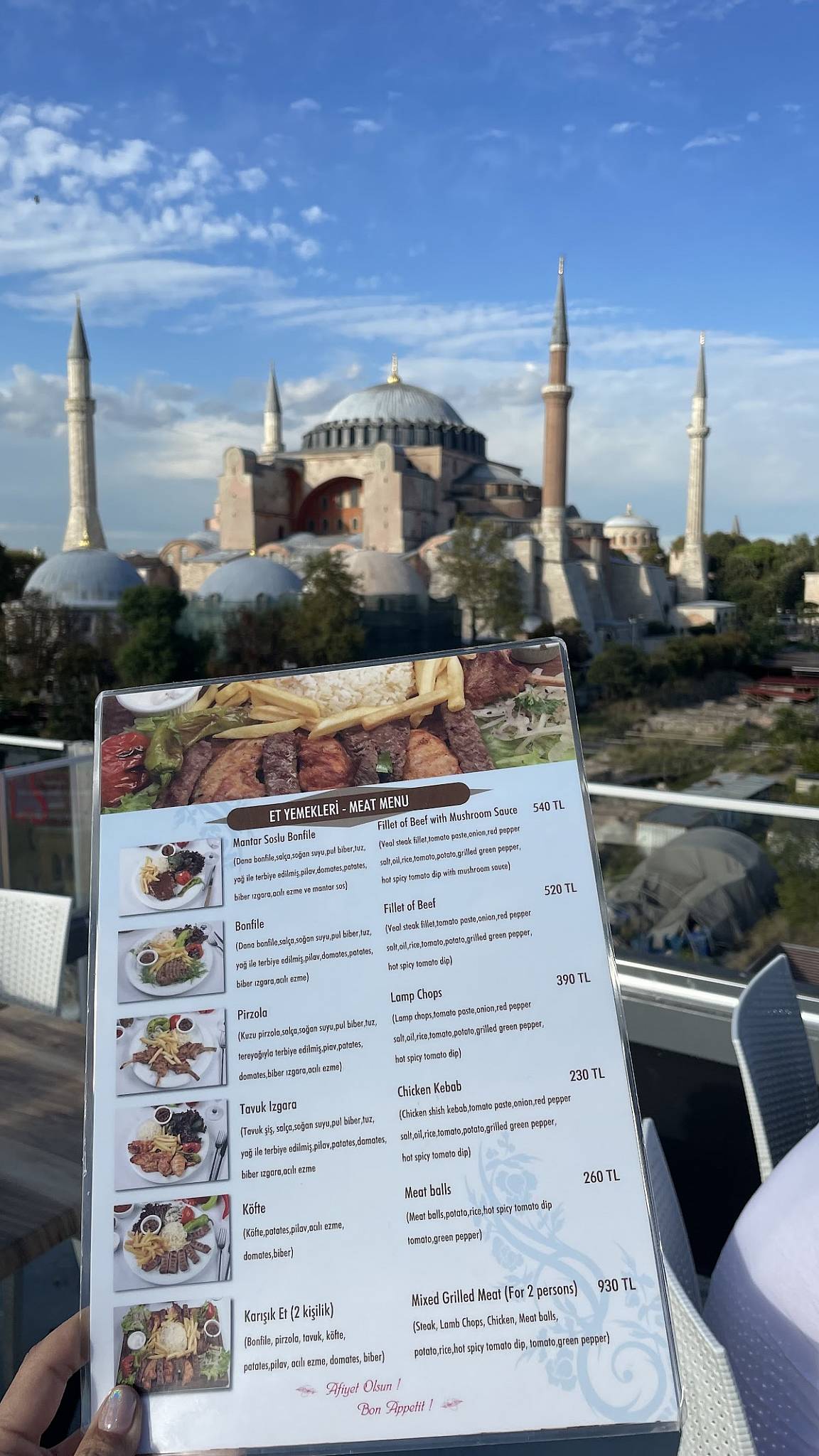 Menu at Seven Hills Restaurant, Istanbul