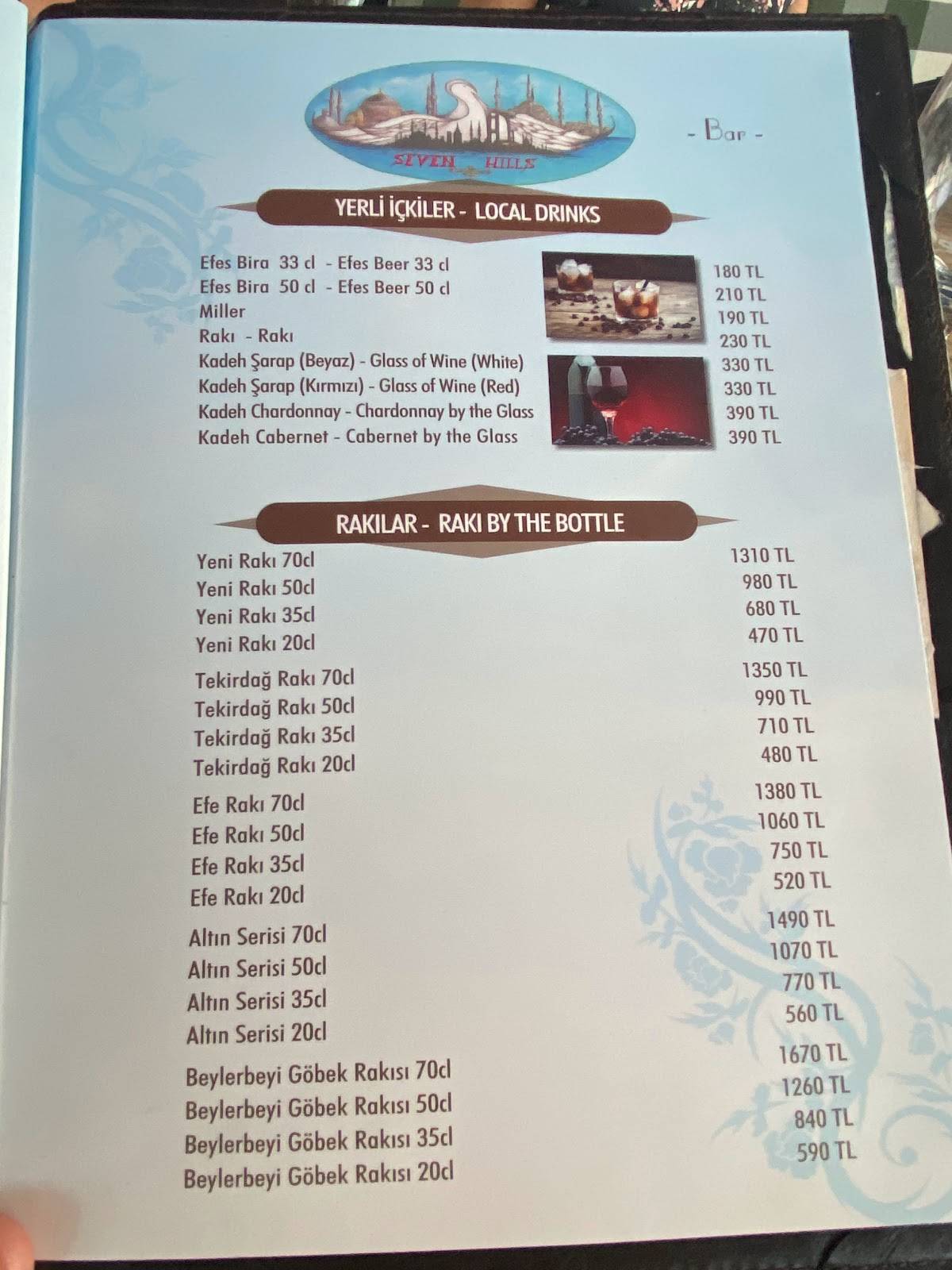 Menu at Seven Hills Restaurant, Istanbul