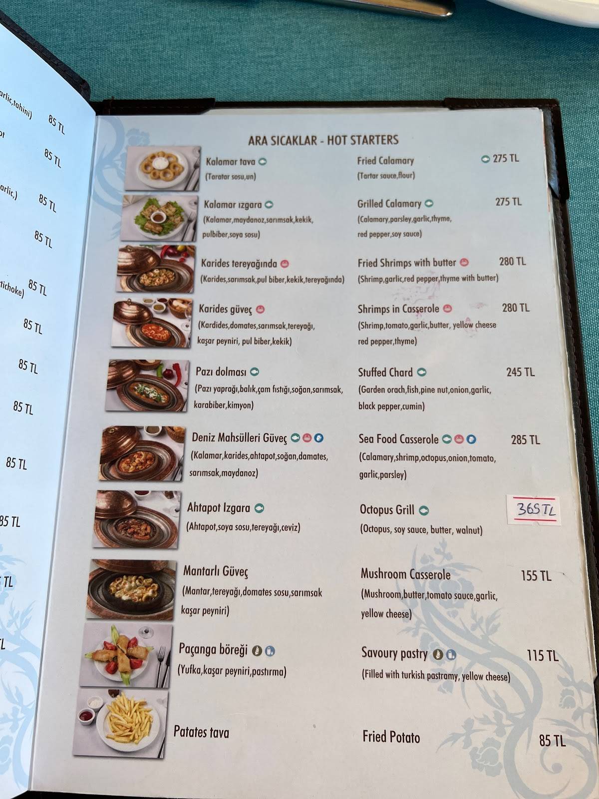 Menu at Seven Hills Restaurant, Istanbul