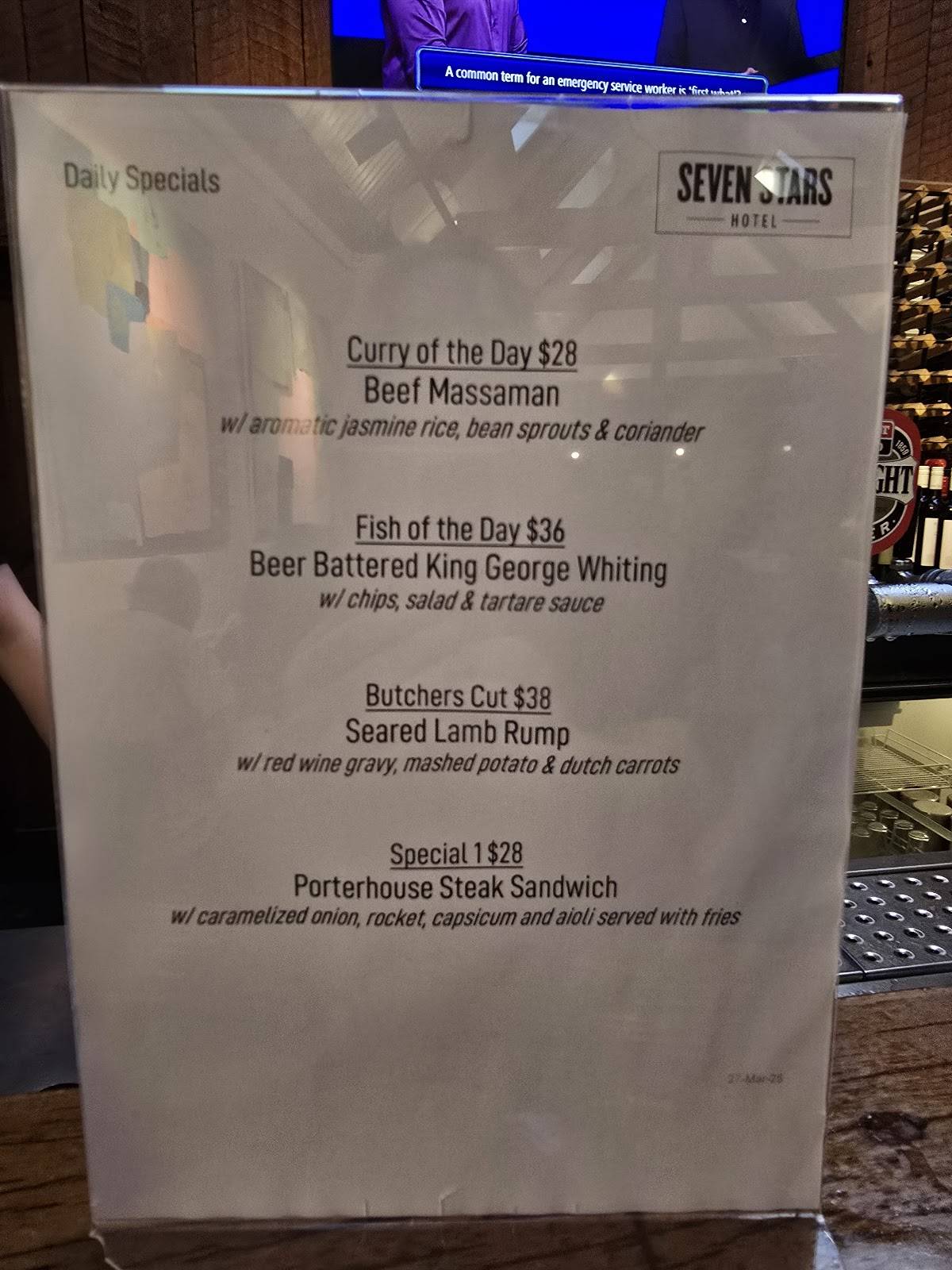 Menu at Seven Stars Hotel restaurant, Adelaide
