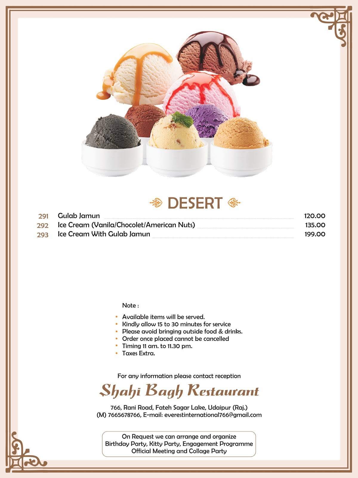 Menu at Shahi Bagh Restaurant, Udaipur, 766