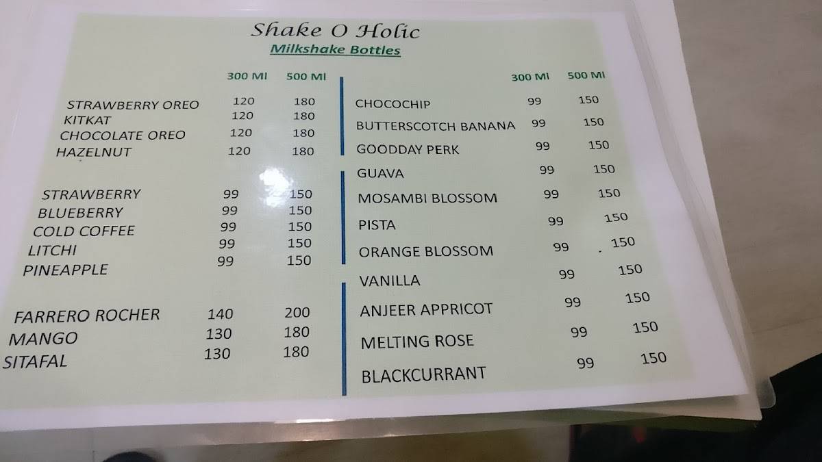 Menu at Shake O Holic, Nashik, Plot No.1