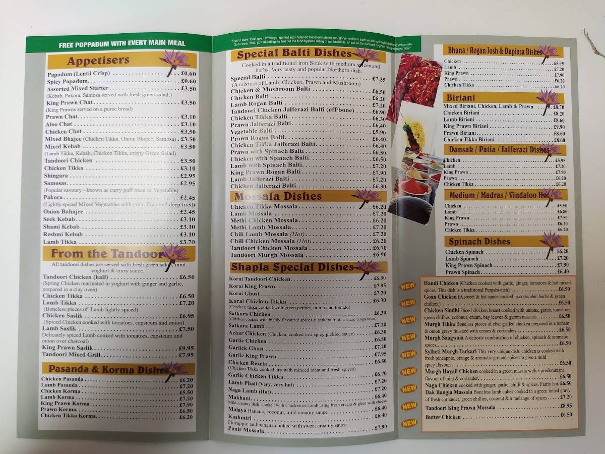 Menu at Shapla Indian Takeaway restaurant, Llandudno