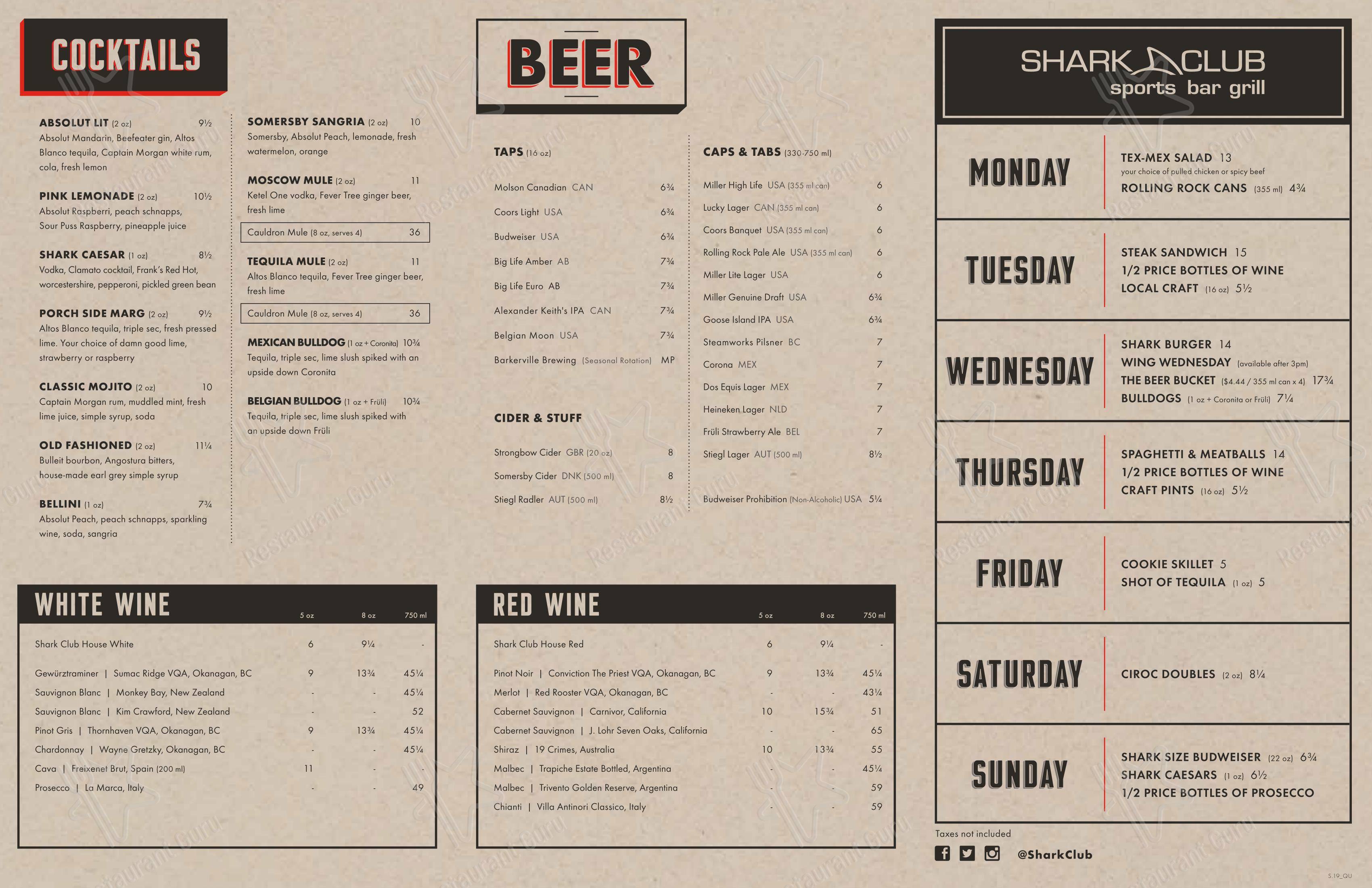 Menu at Shark Club Sports Bar & Grill, Quesnel