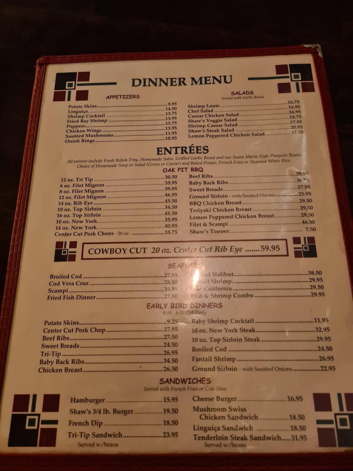 Menu at Shaw's Steakhouse, Santa Maria