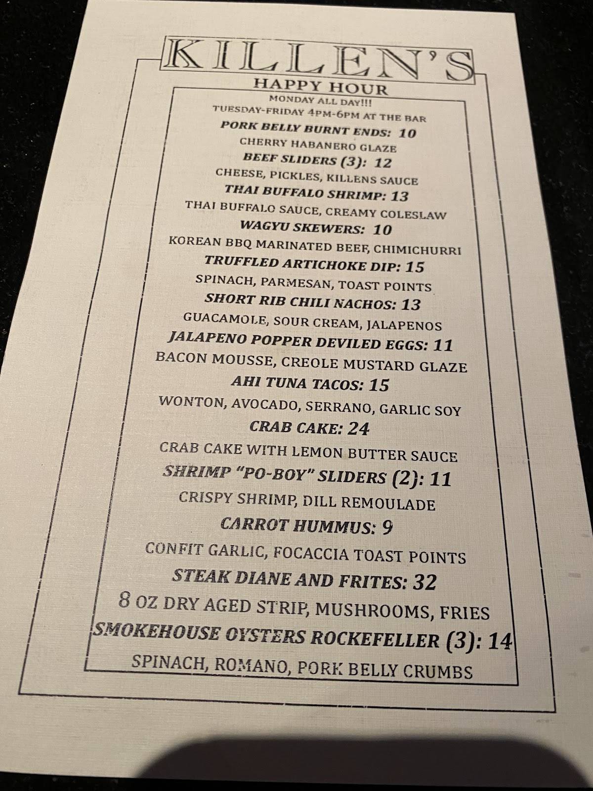Menu at Killen's Steakhouse, Shenandoah