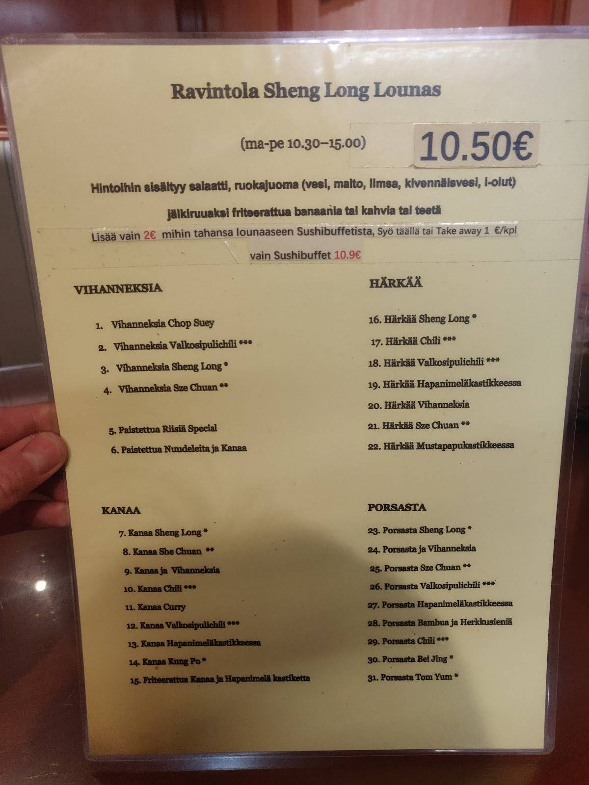 Menu at Sheng Long restaurant, Oulu