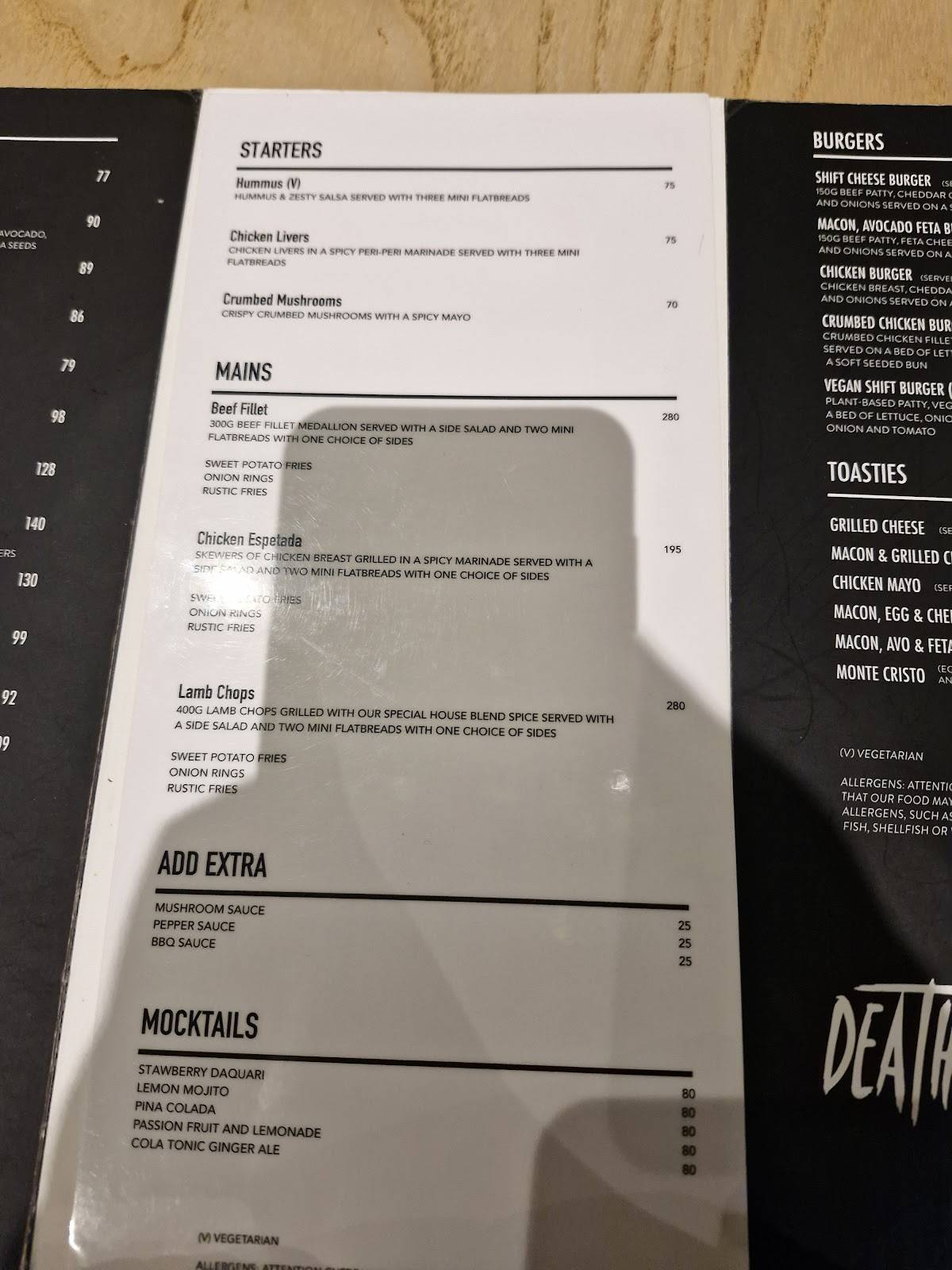 Speisekarte von Shift Espresso Bar Newlands, Kapstadt, 9 Hemlock St