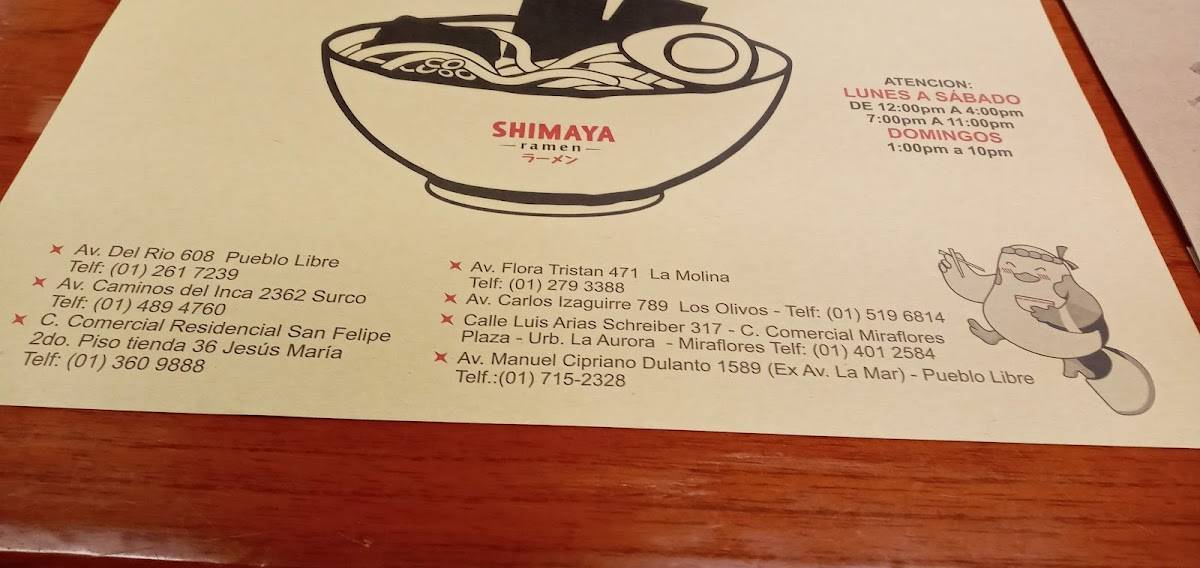 Carta del restaurante Shimaya Ramen, Jesus Maria, P.º Belaunde Terry 20