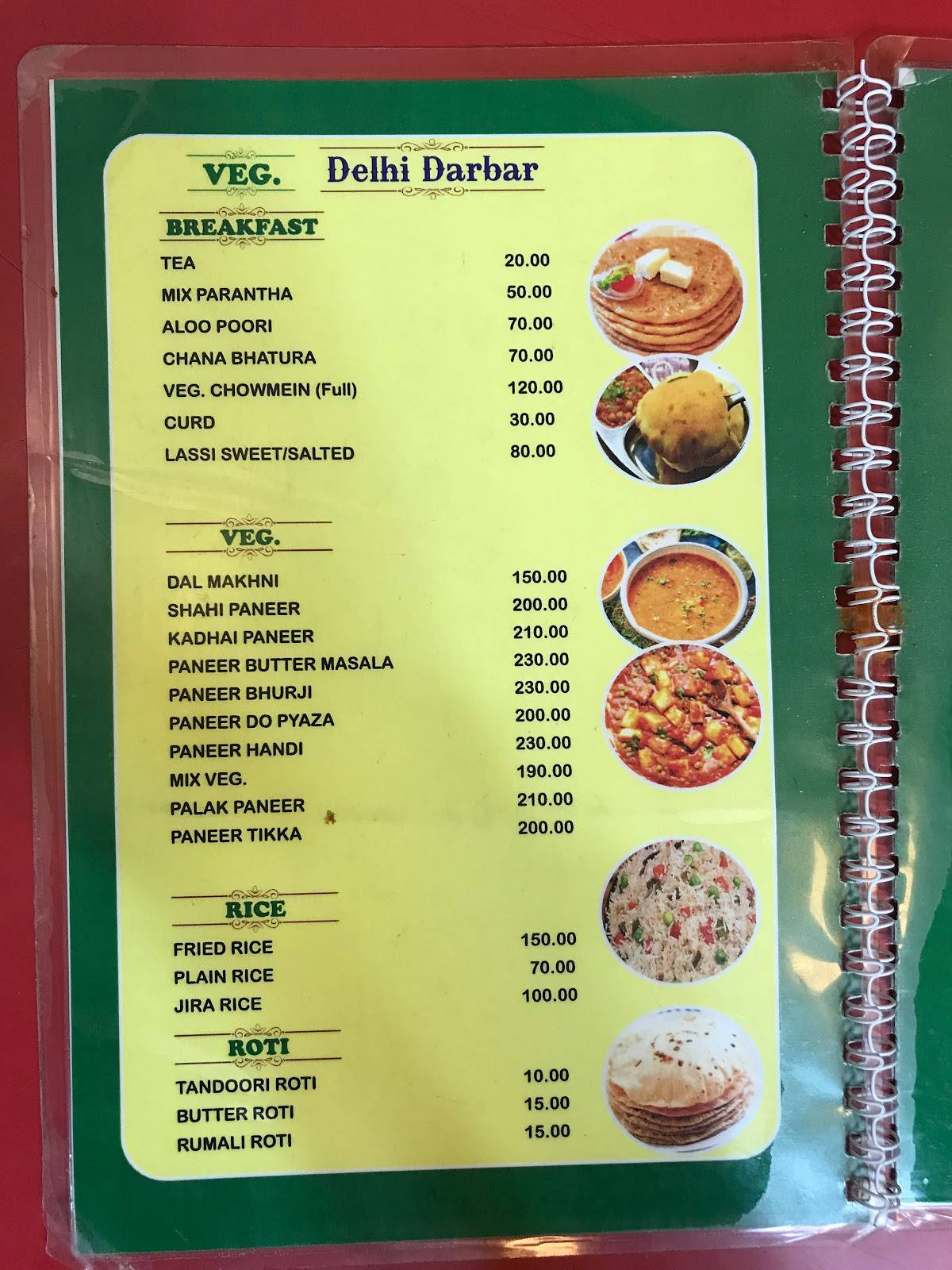 Menu at Delhi Darbar, Shimla