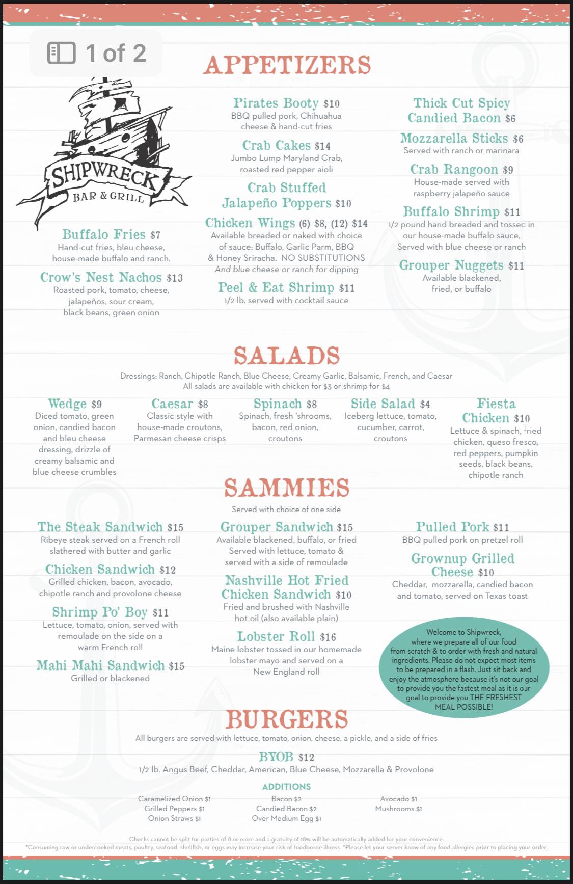 Menu at Shipwreck Bar & Grill, Griffith