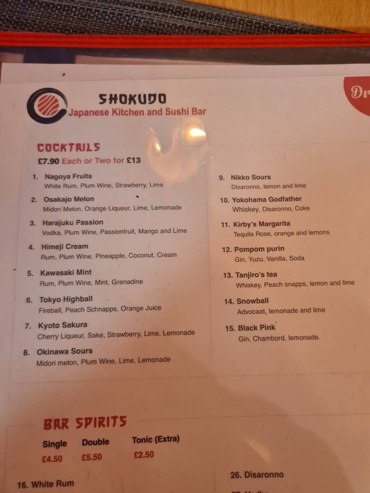 Menu at Shokudo, Japanese kitchen and Sushi bar., Tamworth
