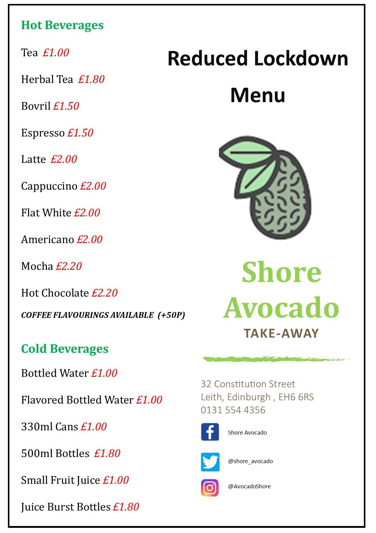Menu at Shore Avocado restaurant, Edinburgh
