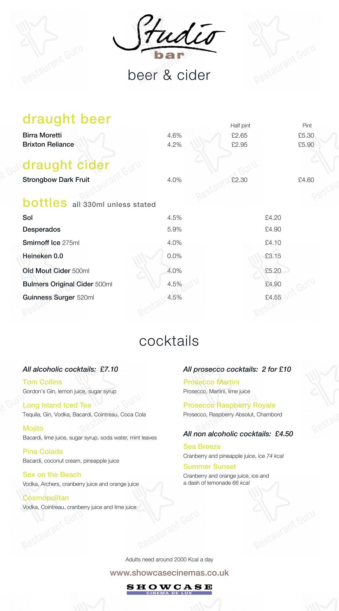 Menu at Showcase Cinema de Lux Derby, Derby