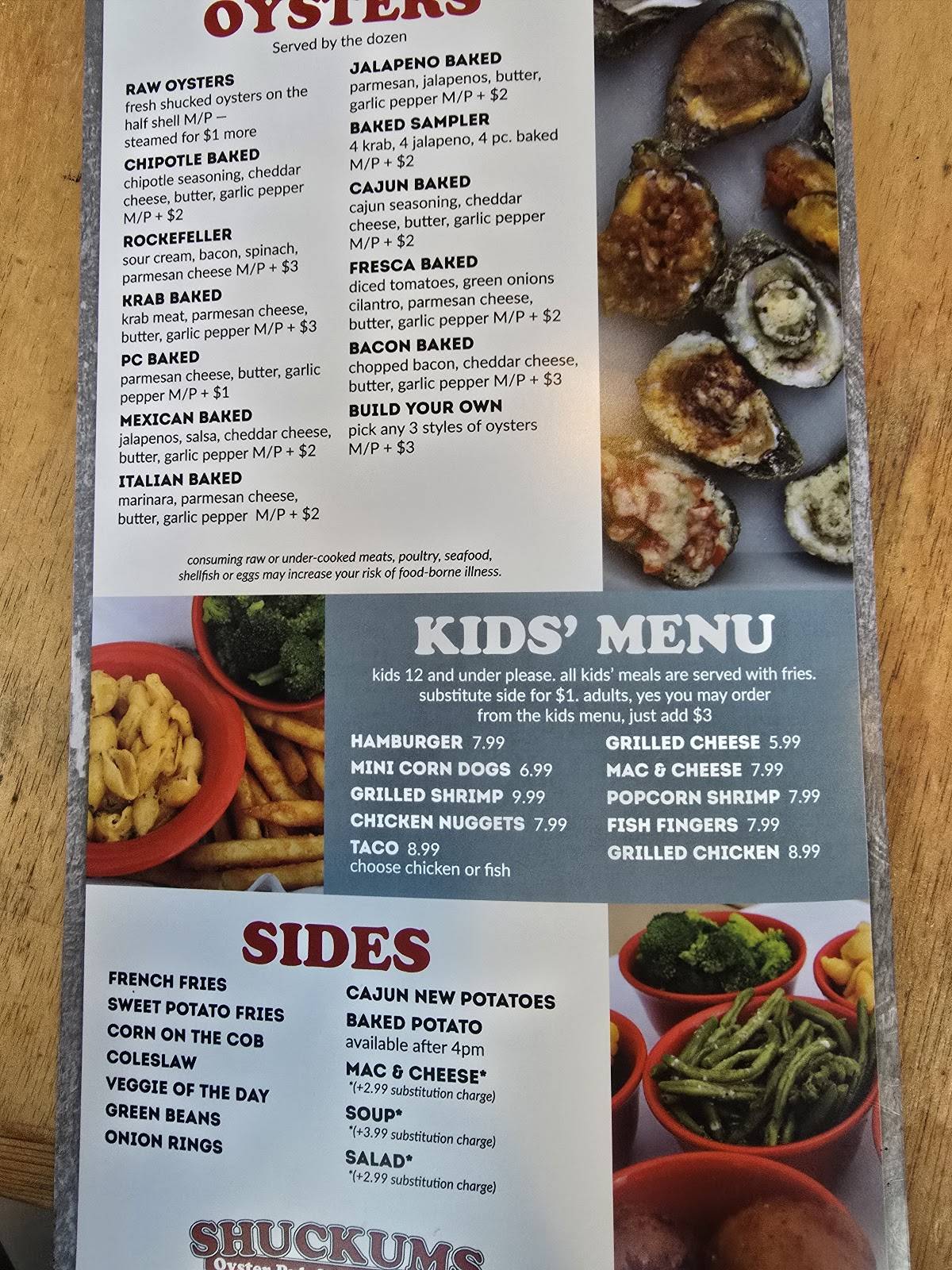 Menu at Shuckums Oyster Pub & Seafood Grill, Panama City Beach