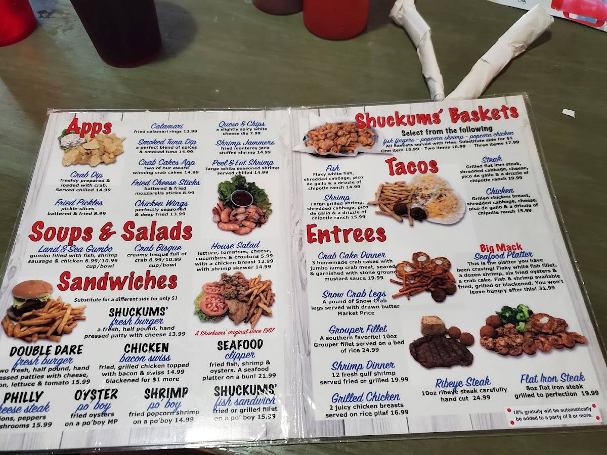 Menu at Shuckums Oyster Pub & Seafood Grill, Panama City Beach