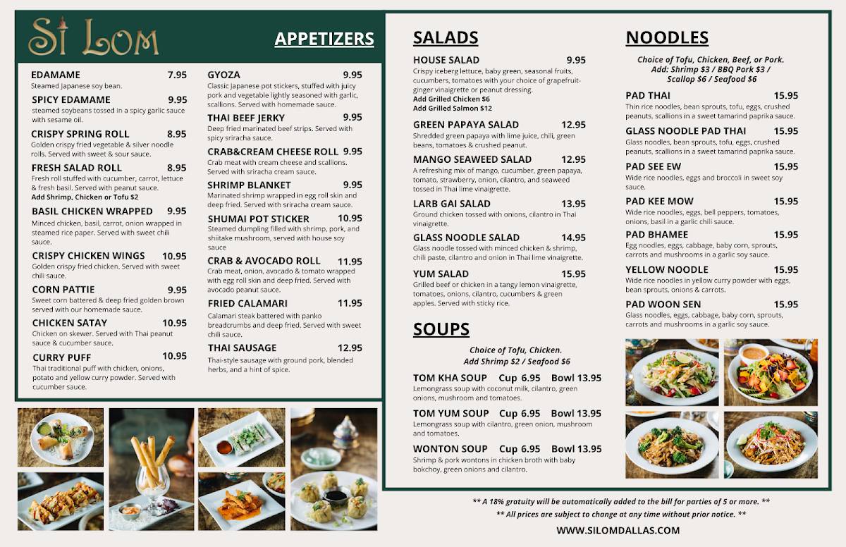 Menu at Si Lom Thai Asian Fusion restaurant, Dallas