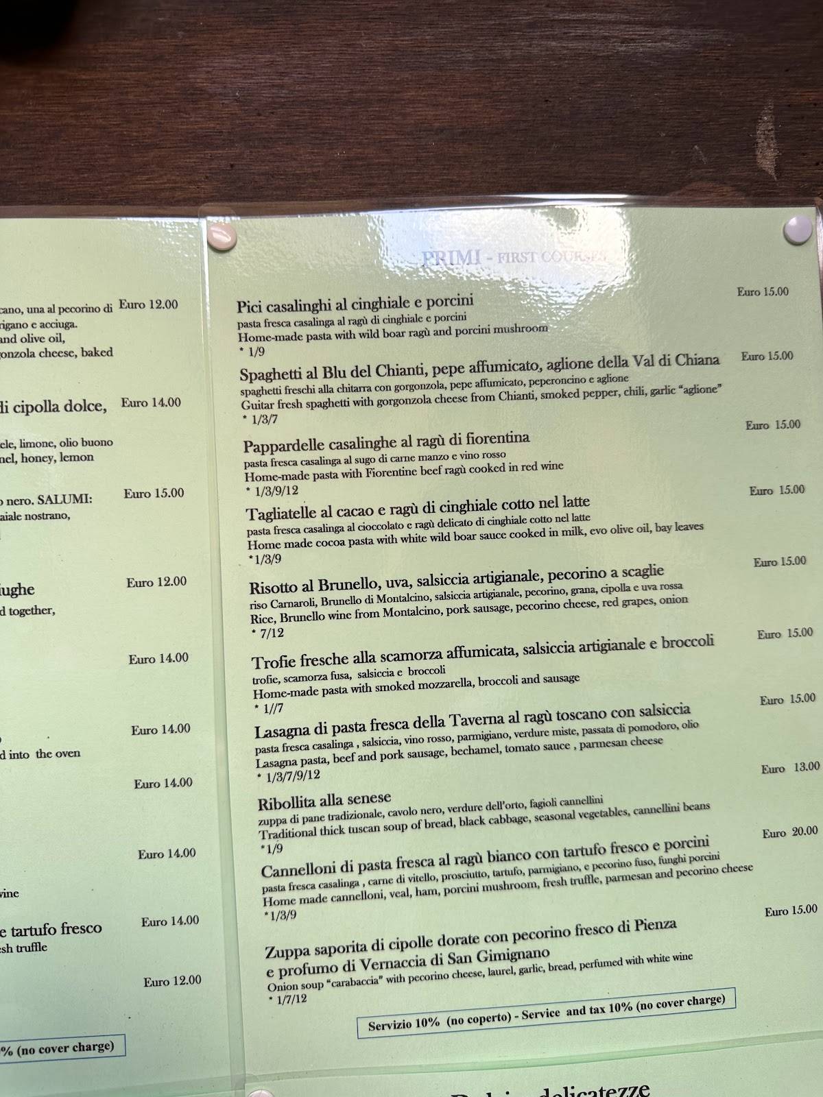 Menu at La Taverna di San Giuseppe restaurant, Siena
