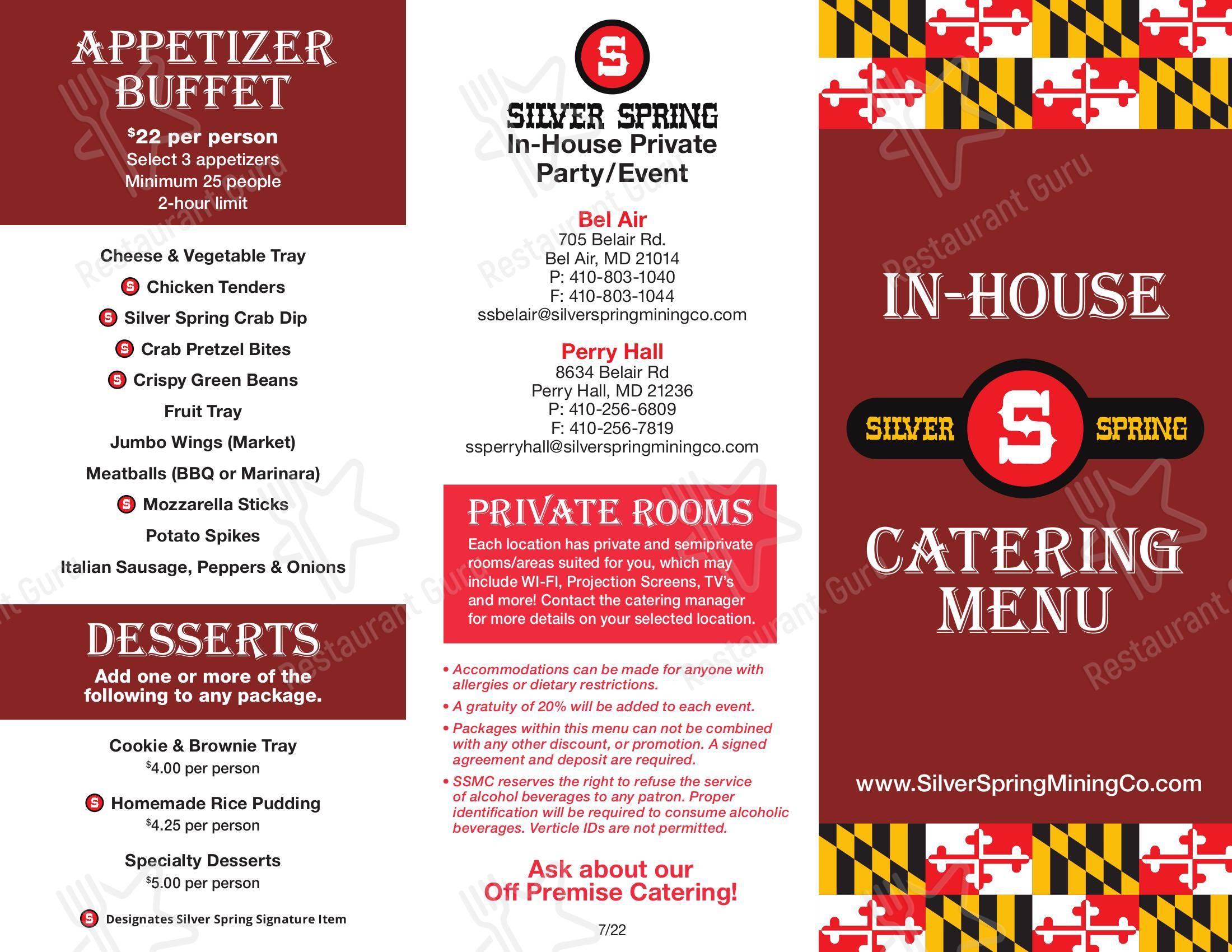 Menu at Silver Spring Mining Company pub & bar, Perry Hall