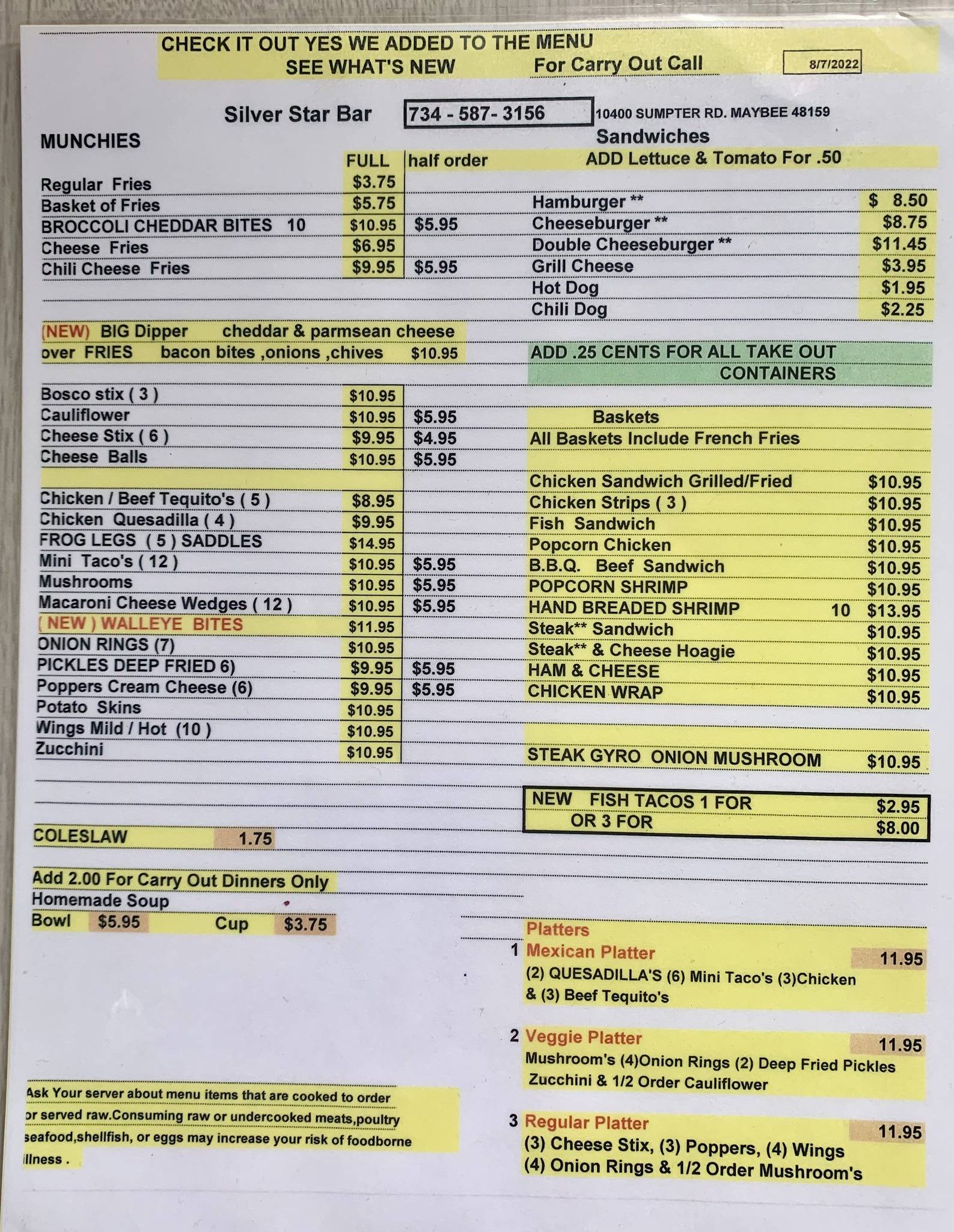 Menu at Silver star bar, Maybee