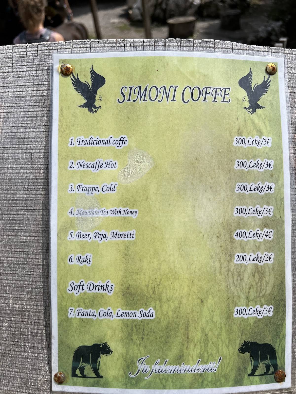 Menu at Simoni Kafe restaurant, Albania, CR6F+435