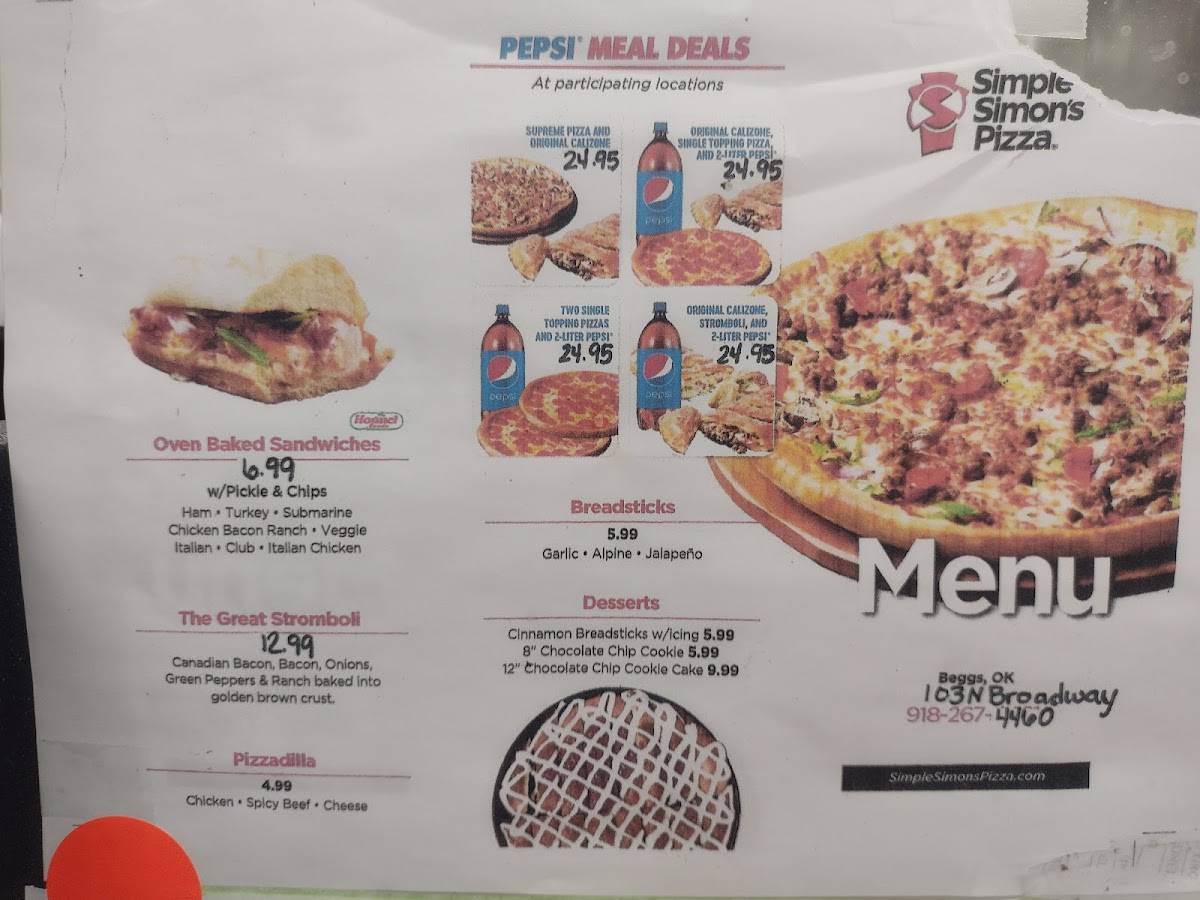 Menu at Simple Simon's Pizza pizzeria, Beggs, 103 N Broadway St Ave