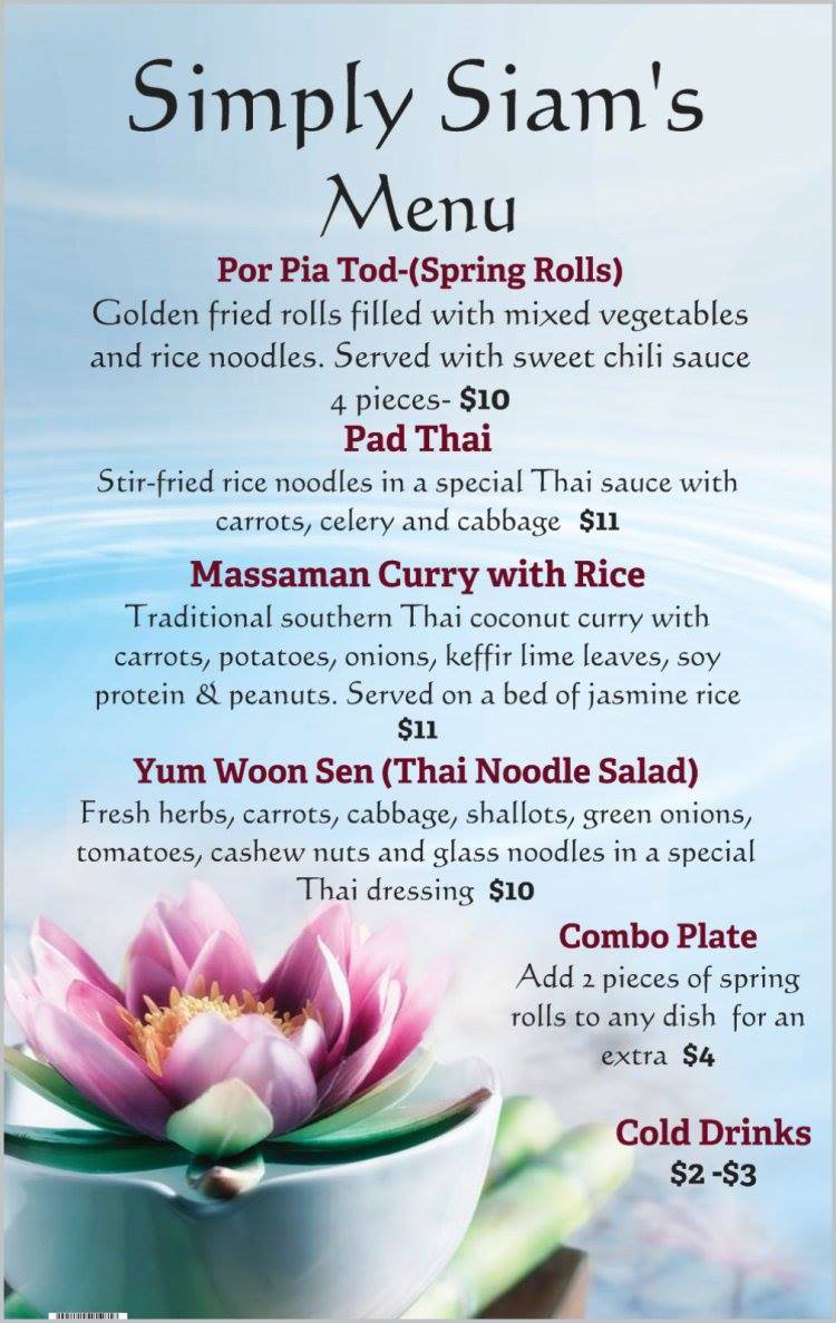 Menu at Simply Siam restaurant, Nelson