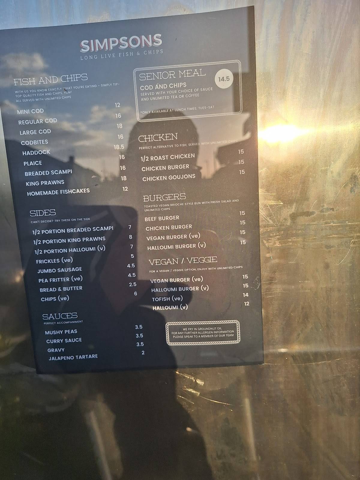 Menu at Simpsons Fish and Chips fast food, Cheltenham