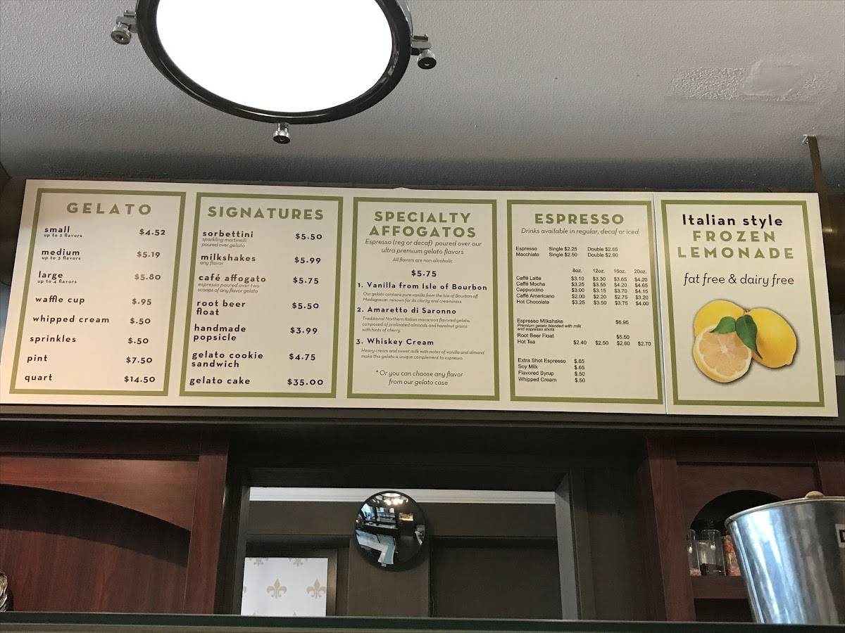 Menu at Sirena Gelato desserts, Kirkland