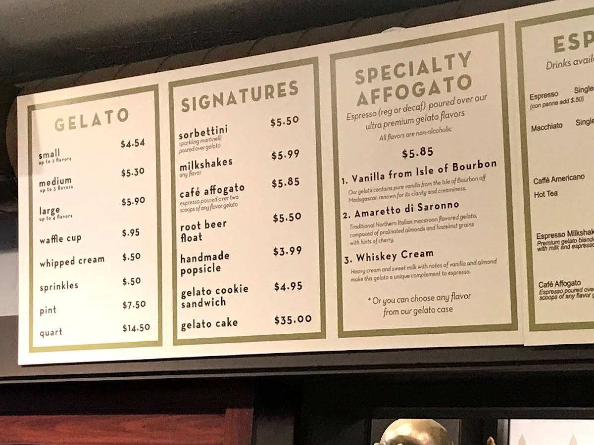 Menu at Sirena Gelato desserts, Kirkland