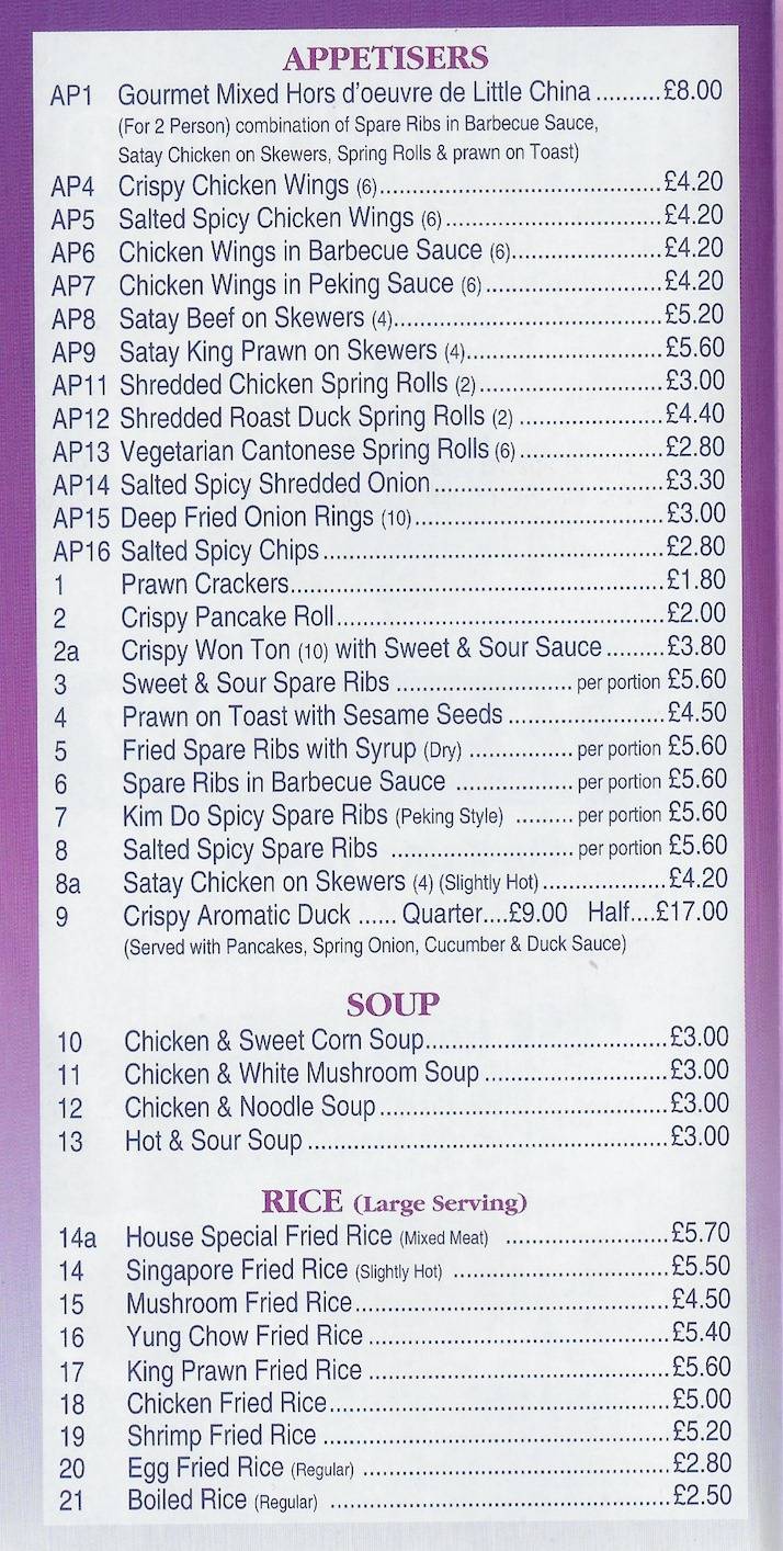 Menu at Little China Chinese Take Away fast food, Skegness