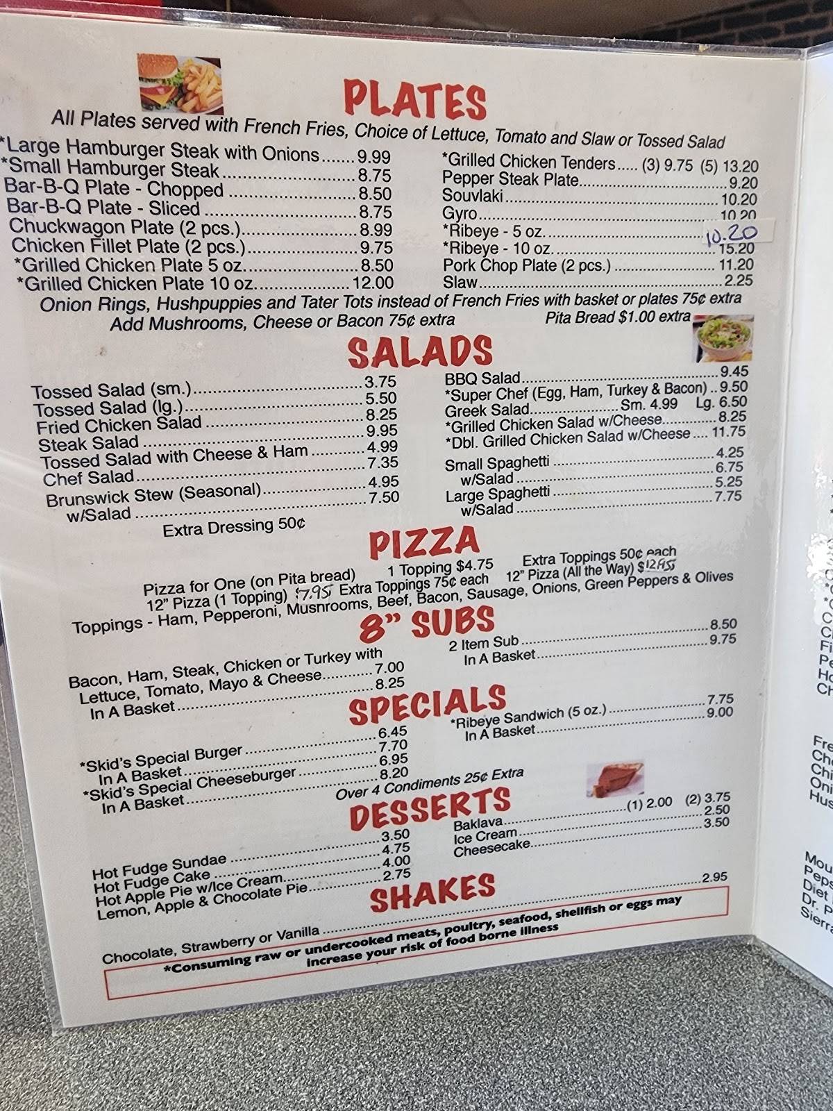 Menu at Skids II Burlington restaurant, Burlington, S Church St