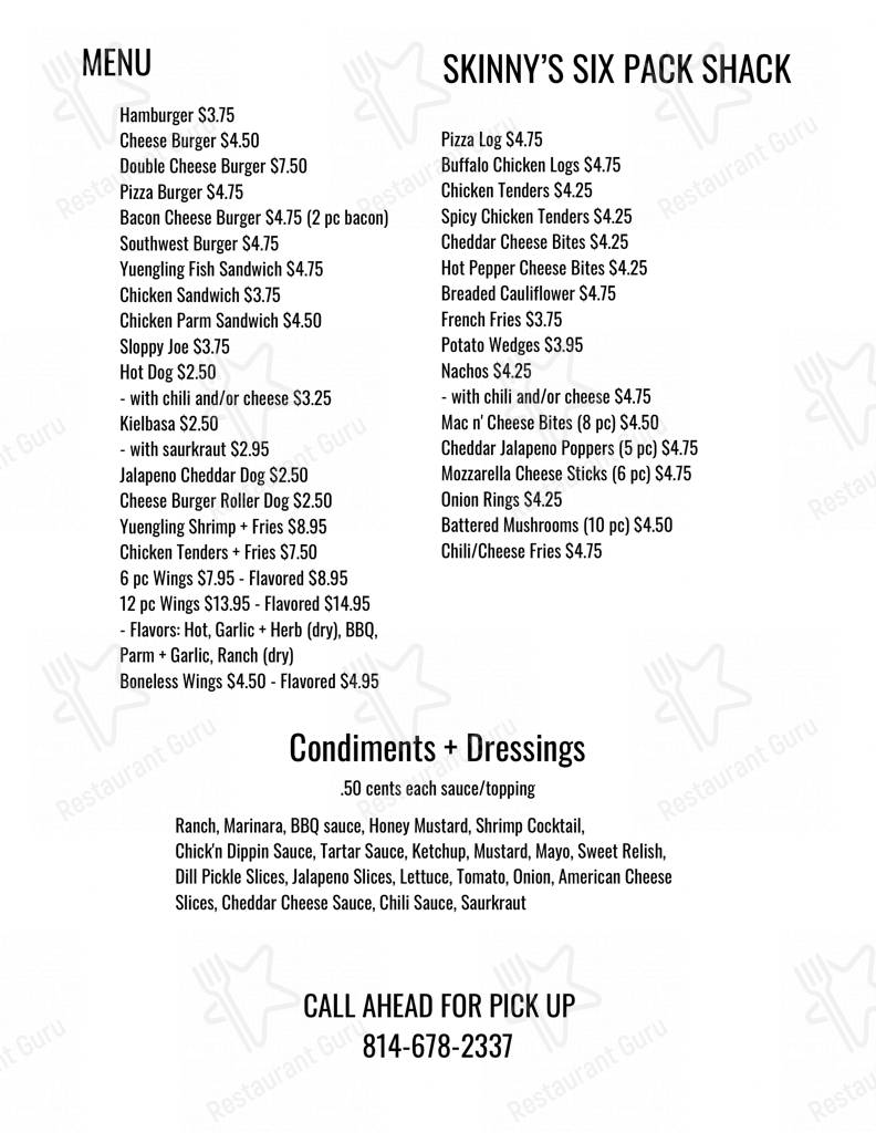 Menu at Skinny's Six Pack Shack pub & bar, Oil City