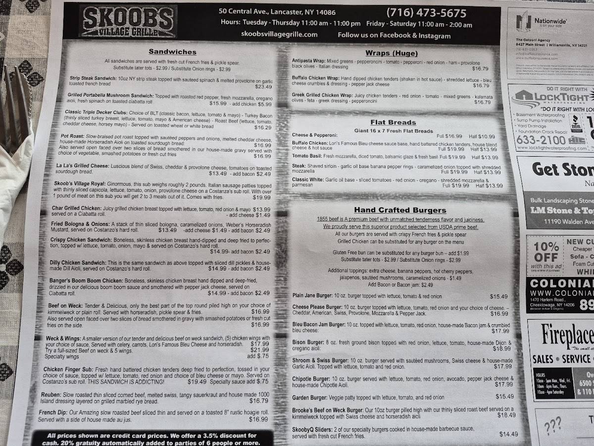 Menu at Skoob's Village Grille pub & bar, Lancaster