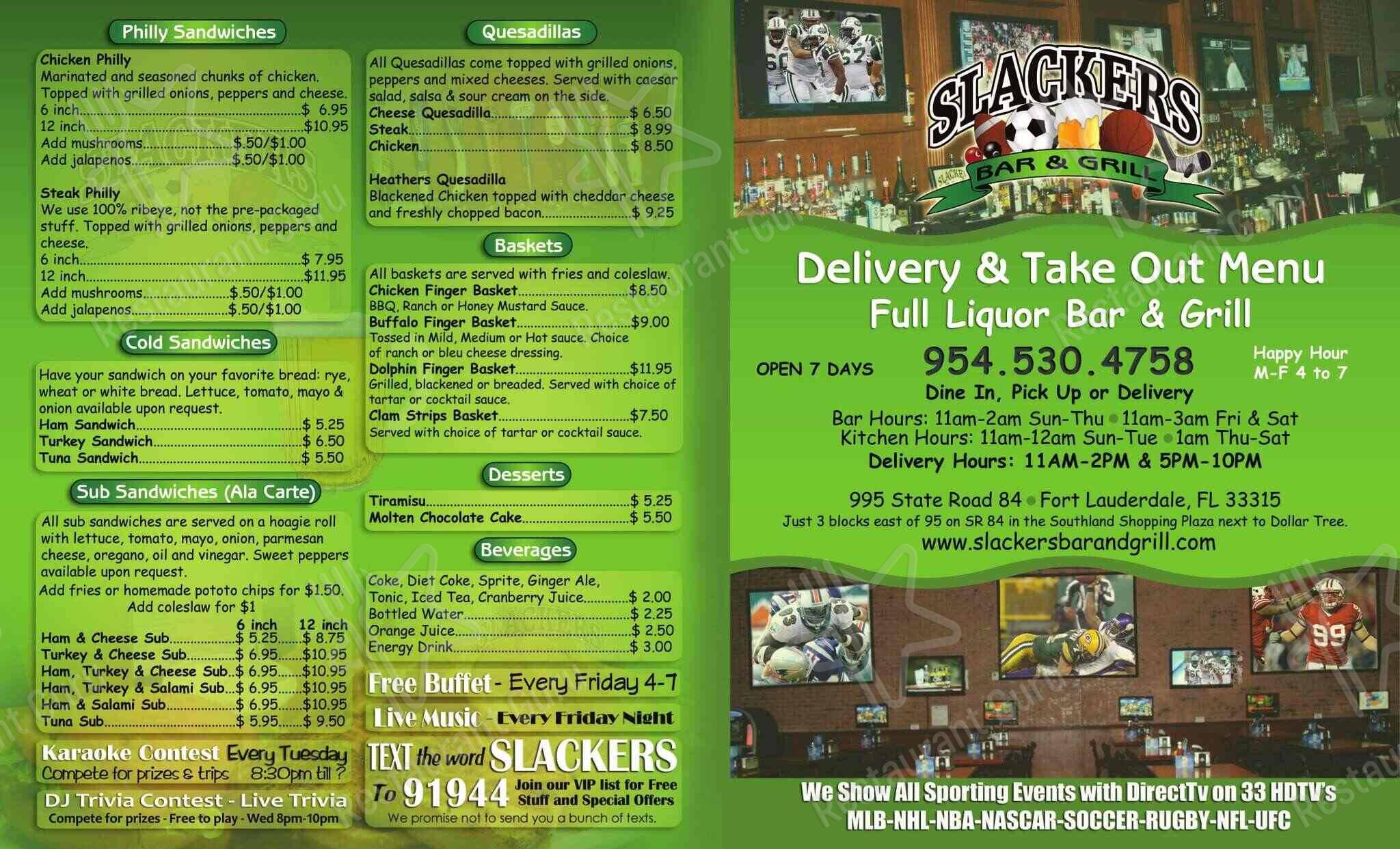 Menu at Slackers pub & bar, Fort Lauderdale, 995 W State Road 84
