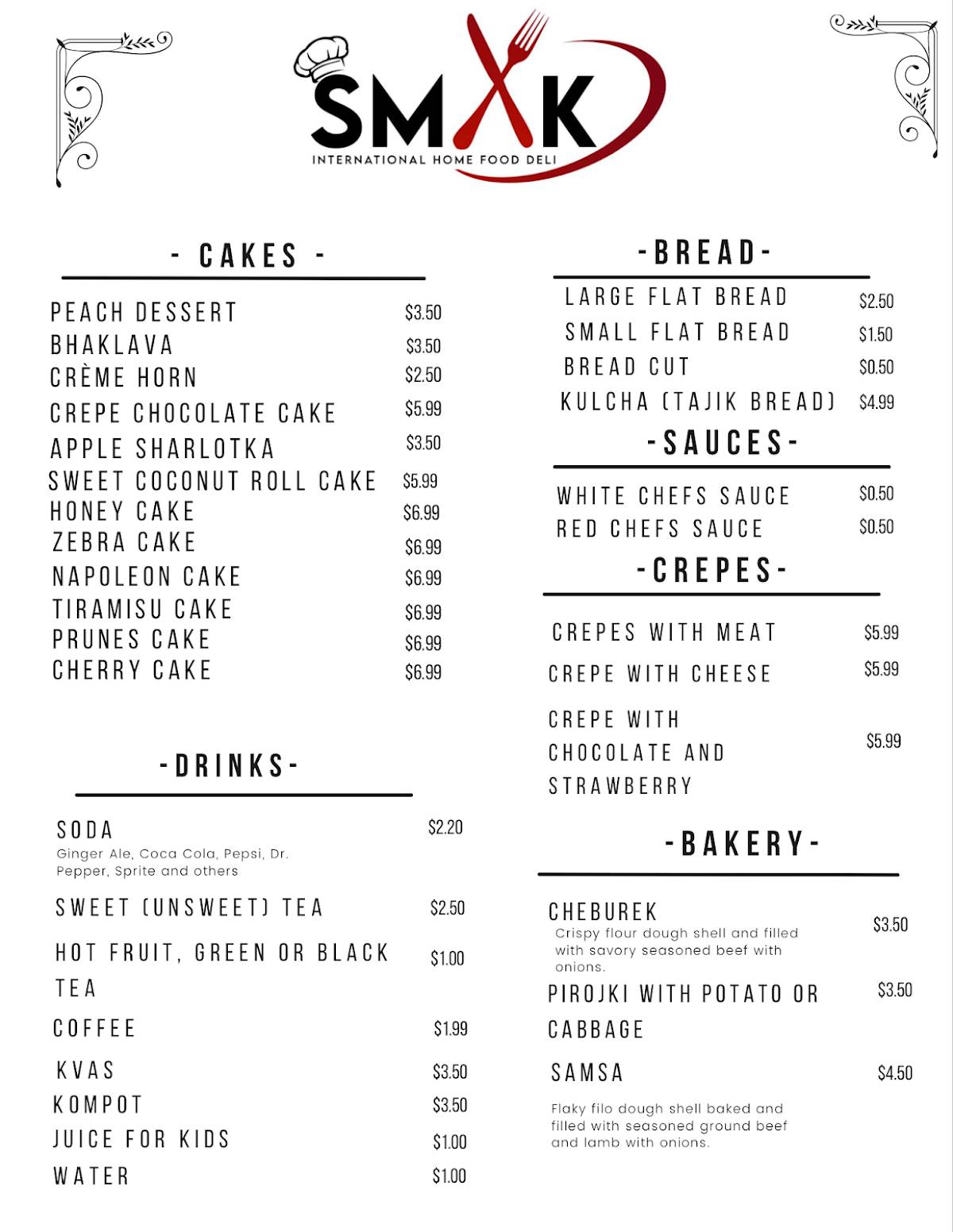Menu at Smak restaurant, Gaffney