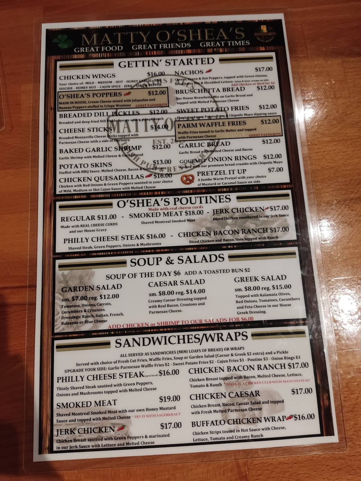 Menu at Matty O'Shea's Pub, Smiths Falls