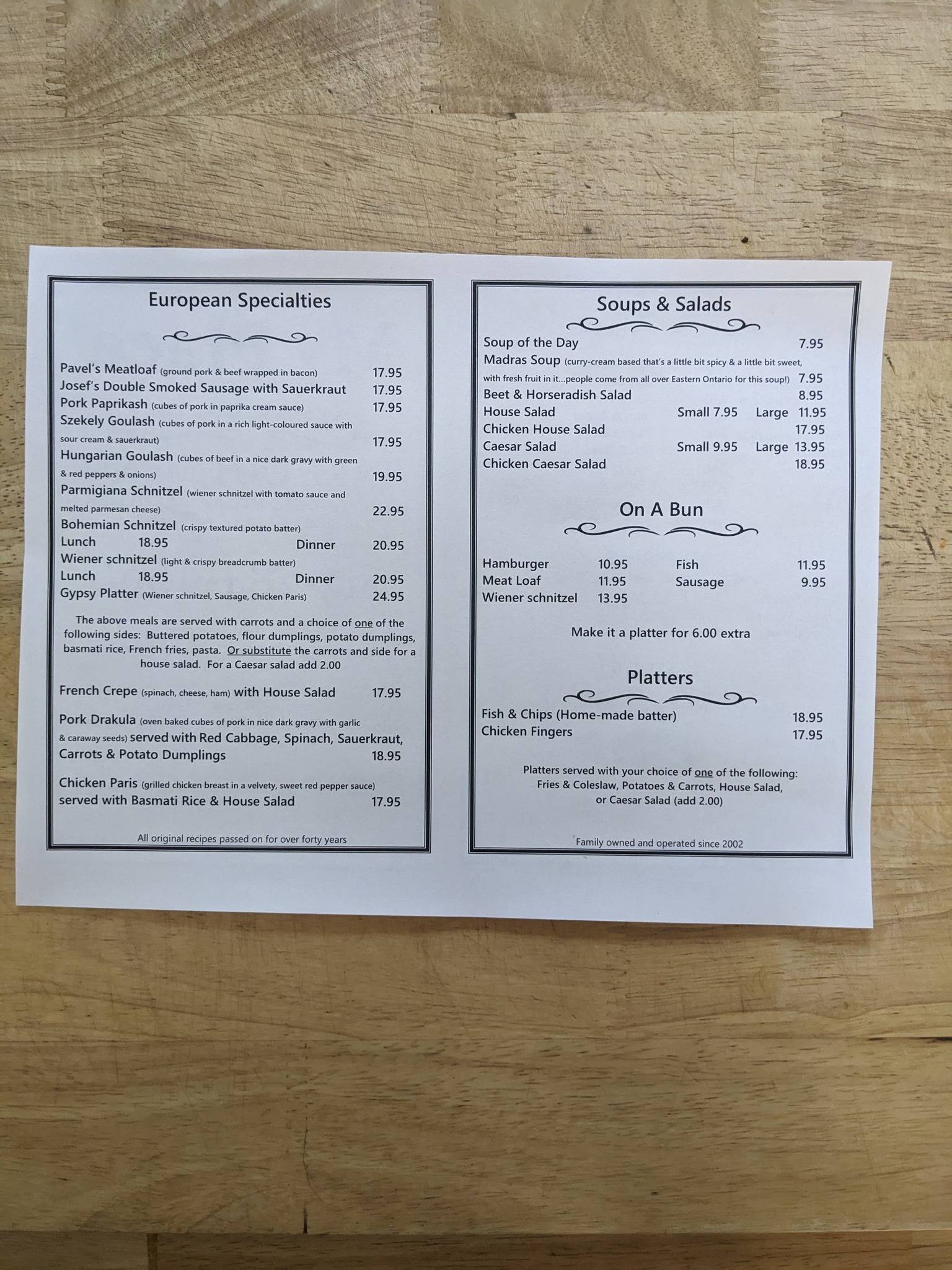 Menu at My Place Restaurant, Smiths Falls