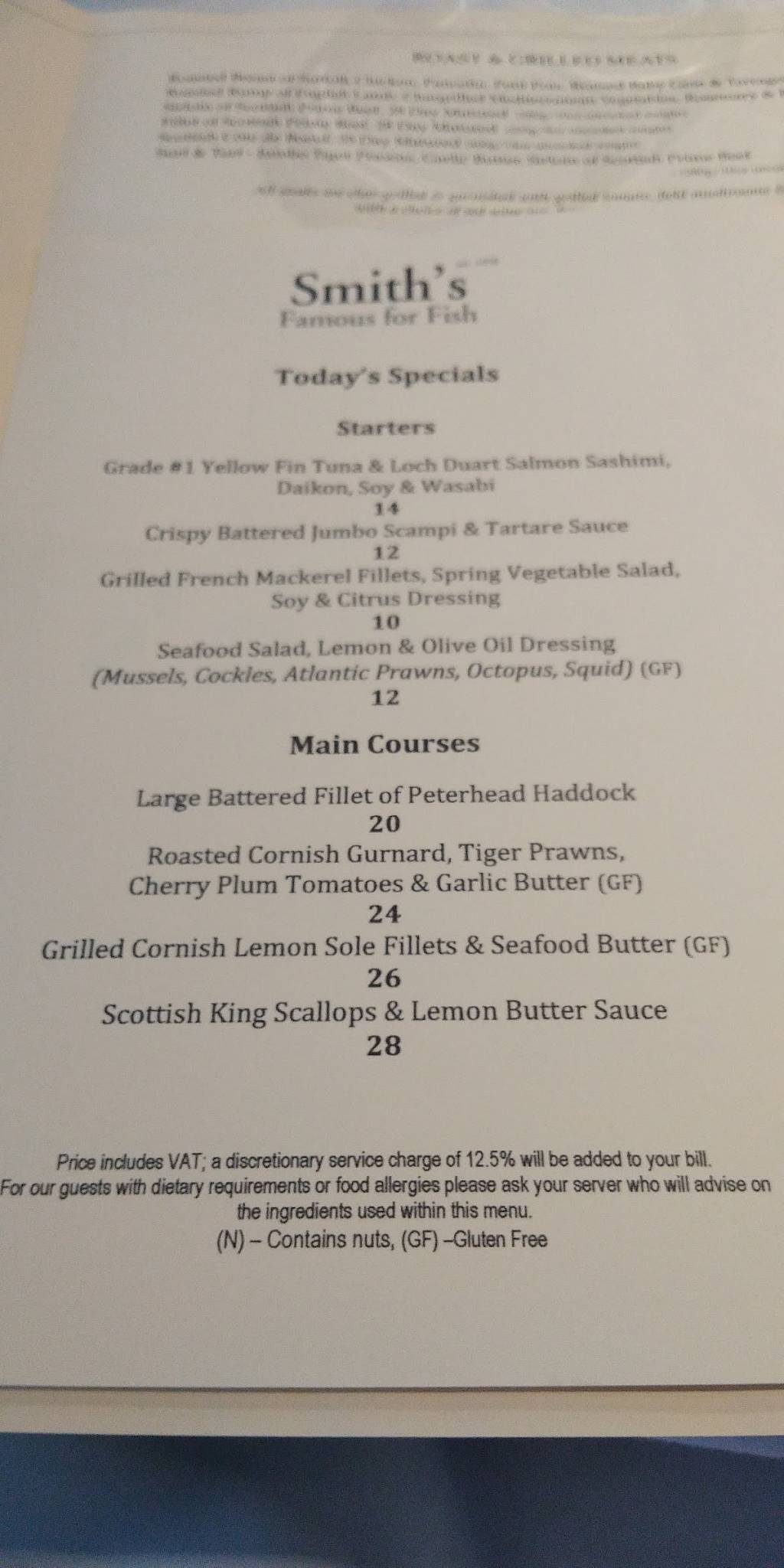 Menu at Smith's of Wapping restaurant, London, 22 Wapping High St
