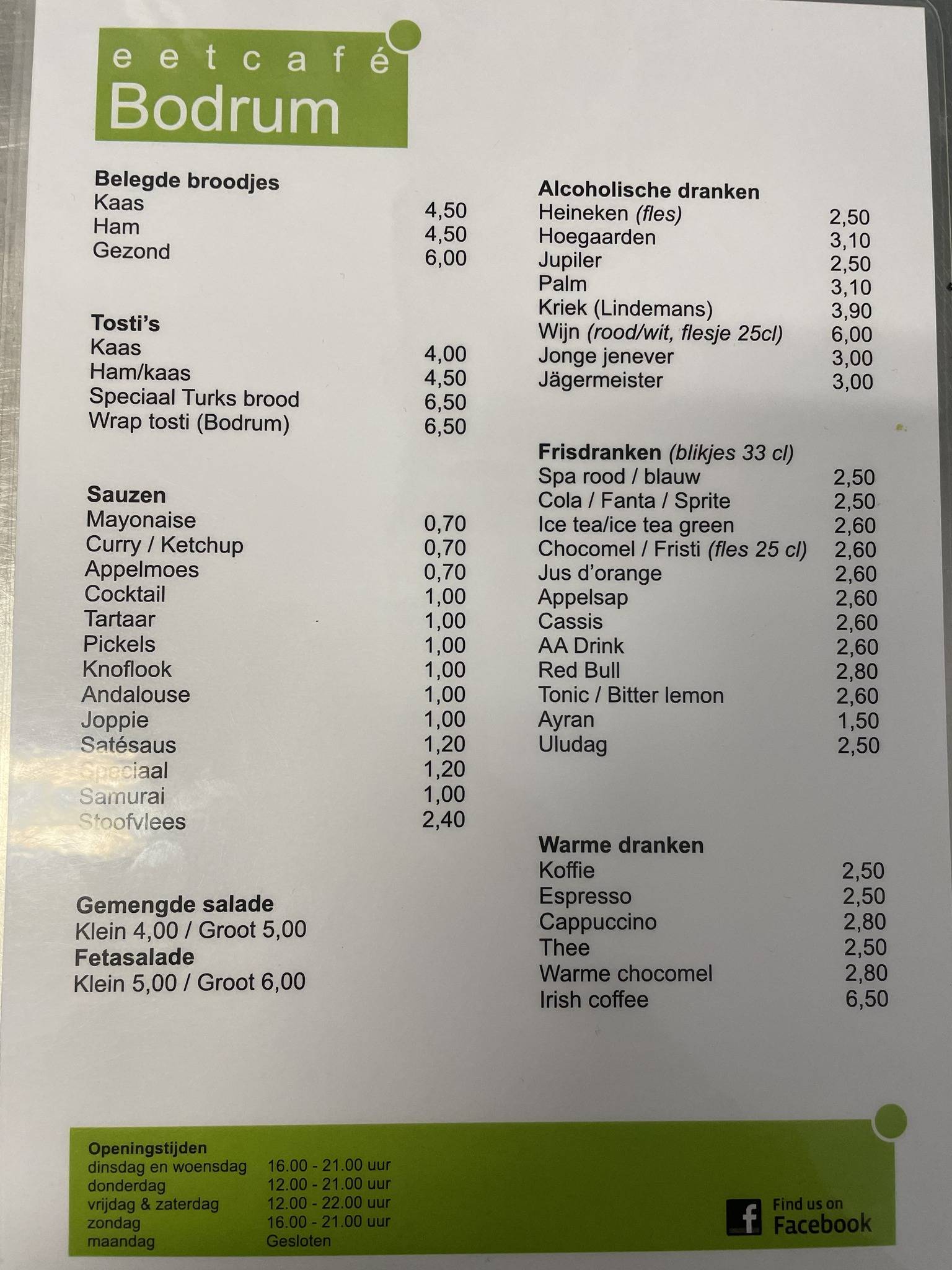 Menu at Eetcafe Bodrum, Terneuzen