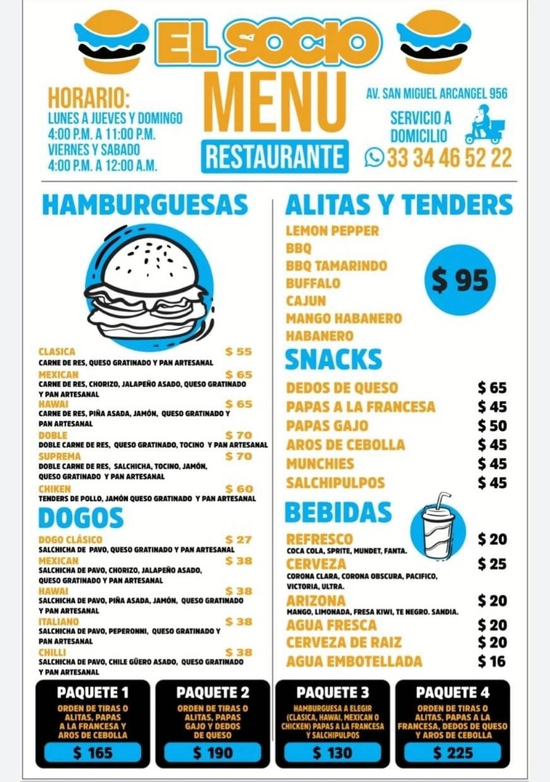 Menu at Snack's El Socio restaurant, Tlaquepaque