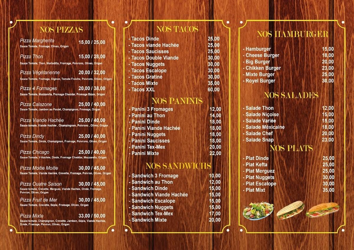 Menu au Snap Pizza restaurant, Tiznit