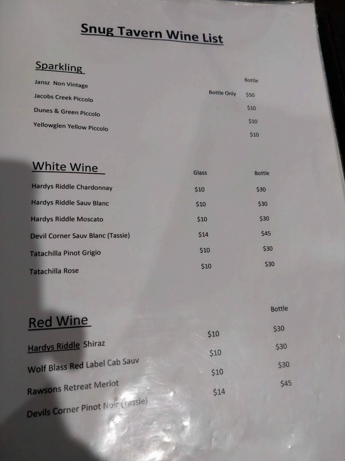 Menu at Snug Tavern pub & bar, Snug
