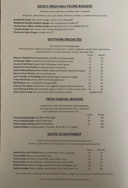 Menu at SoCo Grille restaurant, York, 8 N Congress St