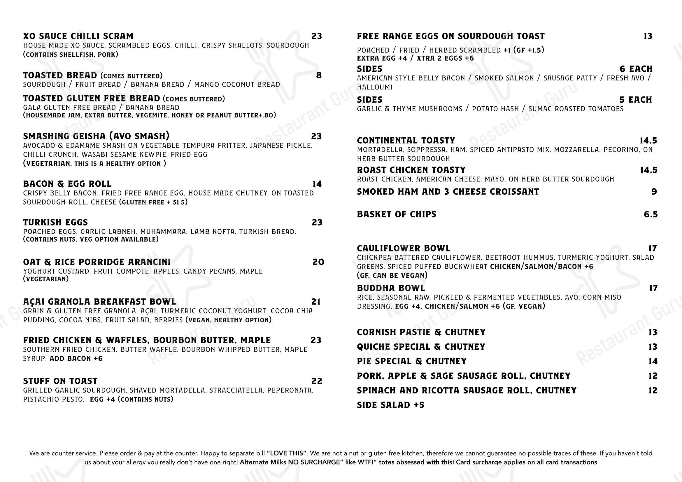 Menu at Social Manna cafe, Victoria Park